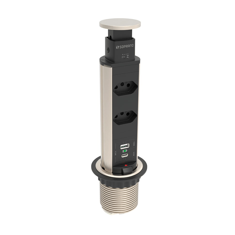 Torre de Tomada Embutir 2 Módulos Tomada +1 USB + USB-C Inox - Soprano ...